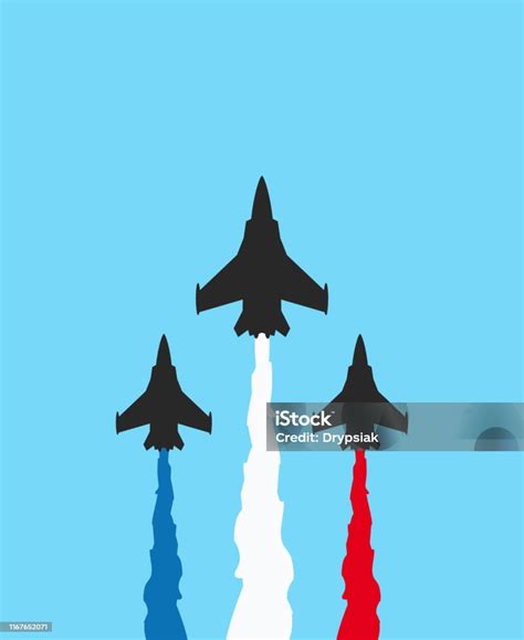 파란색 배경에 컬러 트레일과 검은 군사 전투기 제트 쇼 벡터 그림 연기 물리적 구조에 대한 스톡 벡터 아트 및 기타 이미지