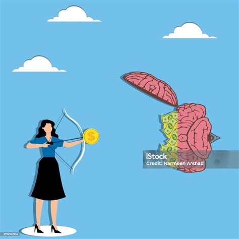 돈에 대한 생각이나 부에 대한 생각 비즈니스 지식 개발 또는 금융 및 금융 교육 활과 화살을 들고 뇌 속으로 돈을 쏘는 여성 사업가 가계에 대한 스톡 벡터 아트 및 기타