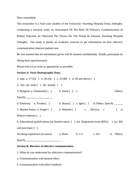 Communication Skills Questionnaire Pdf Communication Nursing