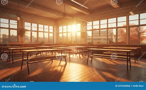 A Classroom At Golden Hour With The Sunlight Streaming Through Windows