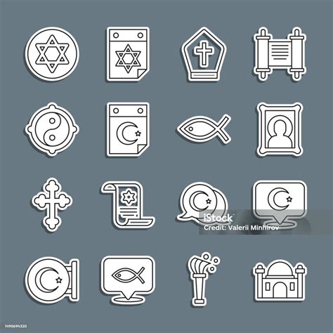 이슬람 사원 별과 초승달 기독교 아이콘 교황 모자 음양 다윗과 물고기 아이콘을 설정합니다 벡터 교황에 대한 스톡 벡터 아트 및 기타 이미지 Istock