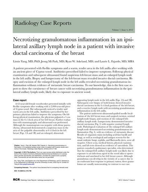 Pdf Necrotizing Granulomatous Inflammation In An Ipsilateral Axillary Lymph Node In A Patient