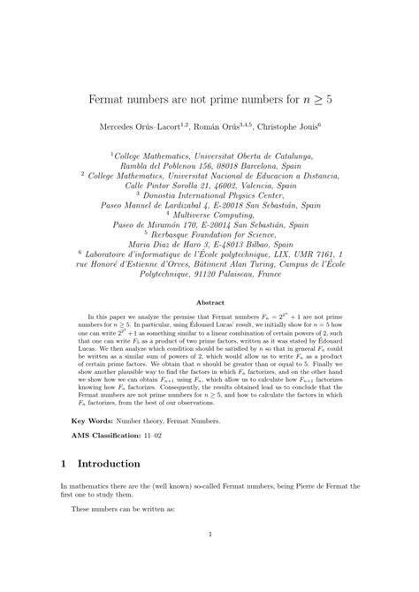Pdf Fermat Numbers Are Not Prime Numbers For N ≥ 5