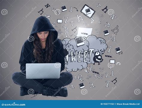 Woman Hacker Using A Laptop In Front Of Drawings Stock Photo Image Of Electronic Casual 95077150