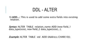 DBMS Commands DDL DML DCL ENTITY RELATIONSHIP Pptx