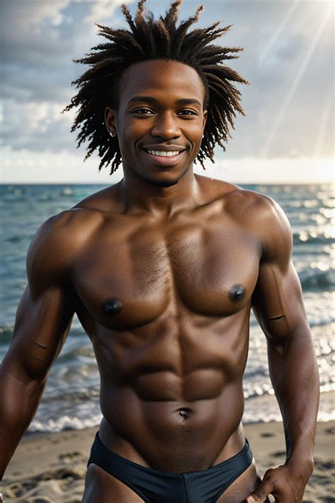 Smiling Masculine Man In Solid Color Bikini On The Beach Wet Hair Swimsuit 7719469