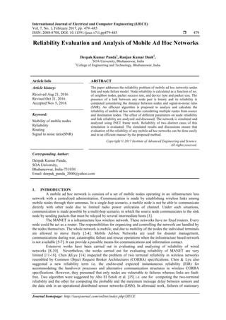 Reliability Evaluation And Analysis Of Mobile Ad Hoc Networks PDF