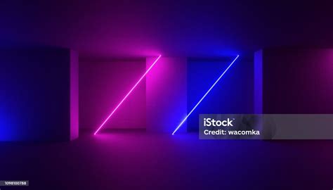 3d 렌더링 네온 빛 추상 자외선 배경 동적 빛나는 라인 블루 핑크 레이저 광선 패션 무대 생생한 색상 빈 터널 복도 나이트 클럽 인테리어 0명에 대한 스톡 사진 및 기타