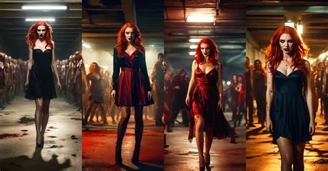 Lexica - A beautiful red haired Vampire woman, in a short silk dress and wearing high heels ...