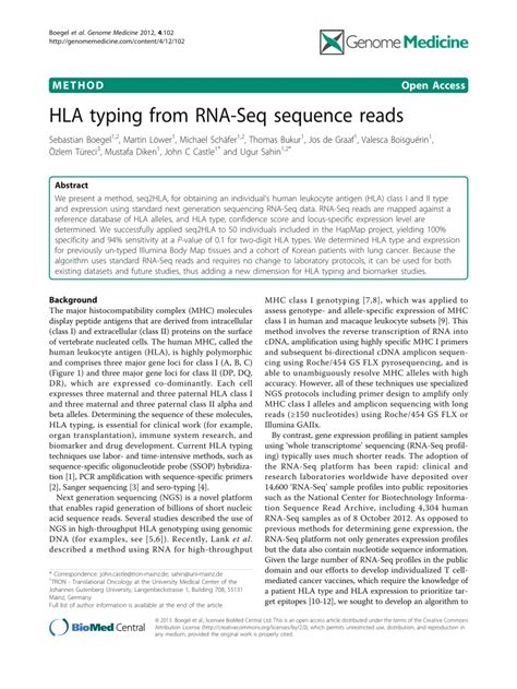 PDF HLA Typing From RNA Seq Sequence Reads
