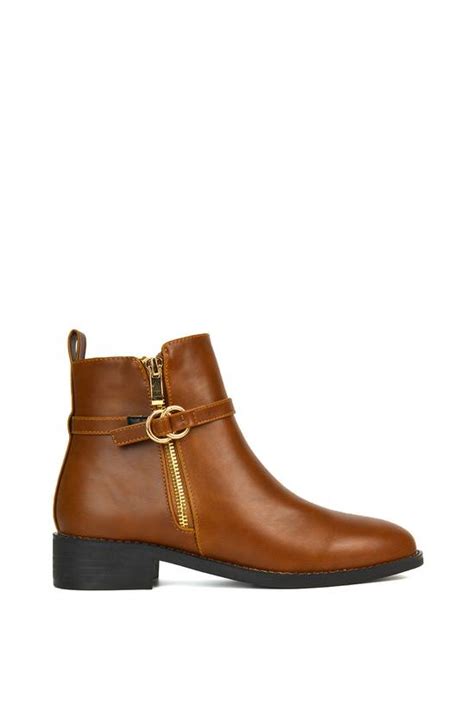 Tan Xy London Lorna Flat Low Heel Ankle Booties With Decorative