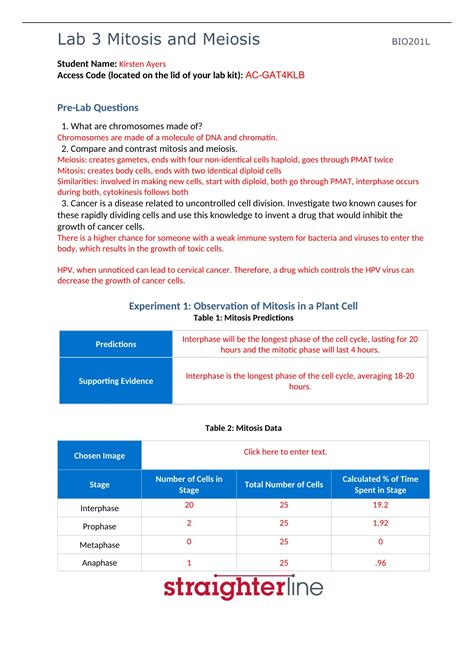 Lab 3 Mitosis And Meiosis Lab 3 Mitosis Stuvia US