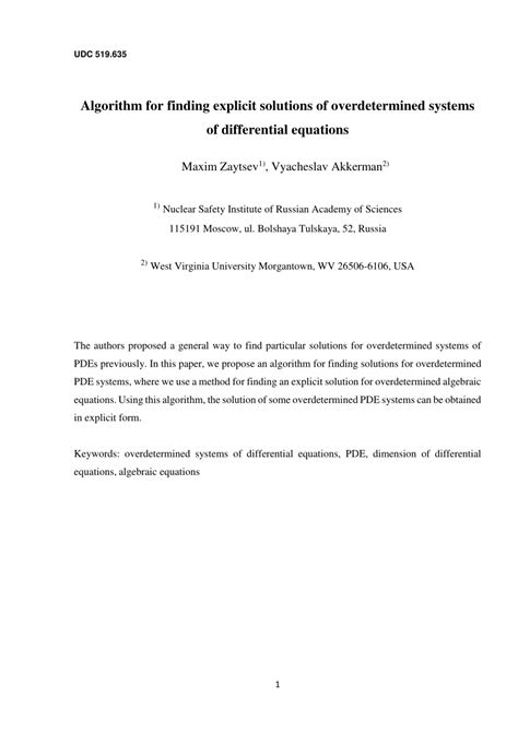 Pdf Algorithm For Finding Explicit Solutions Of Overdetermined