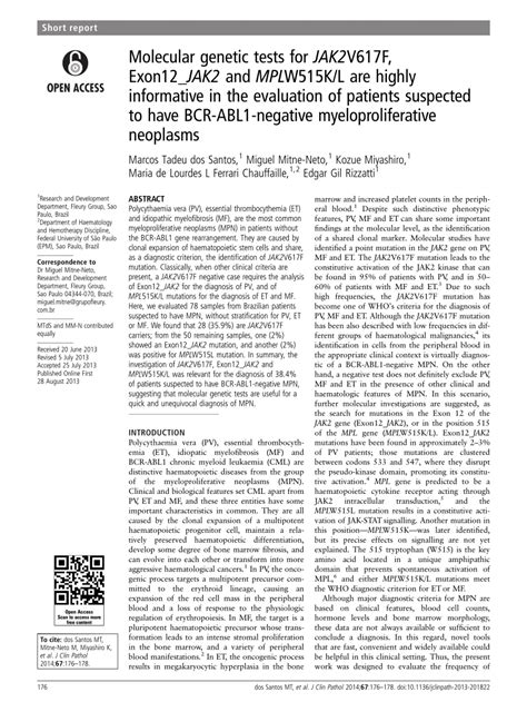 Pdf Molecular Genetic Tests For Jak2v617f Exon12 Jak2 And Mplw515k L Are Highly Informative