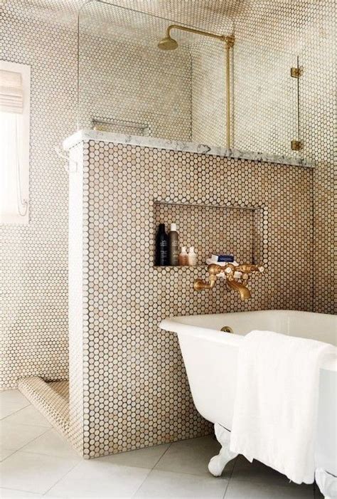 Picture Of A Chic Bathroom With Grey Tiles And Penny Ones On The Walls