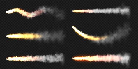 현실적인 우주 로켓 발사 트레일 화재 폭발 폭발 미사일 또는 총알 트레일 제트 항공기 프리미엄 벡터