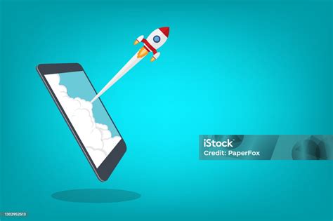 앱 실행 시작 벡터 개념 플랫 만화 로켓 또는 로켓 발사 휴대 전화 또는 스마트 폰 성공적인 비즈니스 프로젝트 시작의 아이디어 기술 향상 혁신 과학에 대한 스톡 벡터 아트