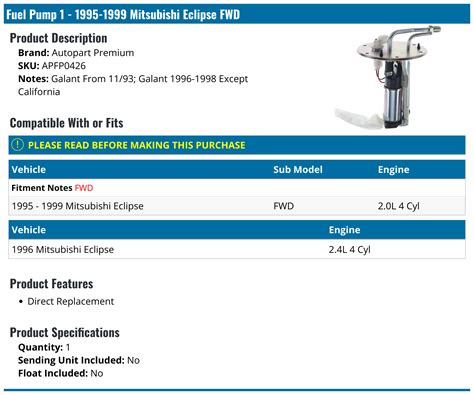 1995 1999 Mitsubishi Eclipse Fuel Pump Autopart Premium Apfp0426