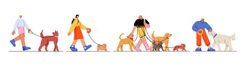 목줄 플랫 세트에 개를 산책 하는 행복 한 사람들 무료 벡터