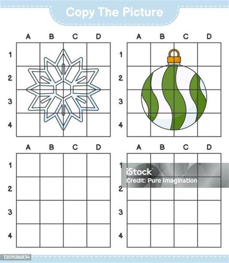 그림을 복사그리드 라인을 사용하여 눈송이와 크리스마스 볼의 사진을 복사합니다 교육 어린이 게임 인쇄 워크 시트 벡터