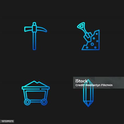 세트 라인 보석 돌 광산 석탄 트롤리 곡괭이와 삽과 그라데이션 색상 아이콘입니다 벡터 결정체에 대한 스톡 벡터 아트 및 기타