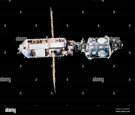 Zarya and Unity. View of the first two modules of the international Space Station (ISS). At left ...