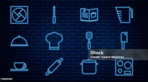 세트 라인 전기 스토브 고기 다지기 요리책 요리사 모자 트레이로 덮여 있음 환기 주걱 및 칼 숫돌 아이콘 벡터 가리기에 대한 스톡 벡터 아트 및 기타 이미지 Istock