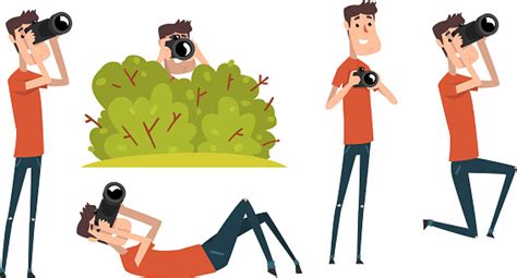 파파라치 디지털 카메라 세트와 사진 촬영 카메라와 사진 작가 만화 캐릭터 촬영 창조적 인 직업 또는 직업 벡터 일러스트 겨냥에 대한 스톡 벡터 아트 및 기타 이미지 Istock