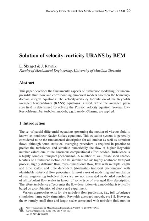 PDF Solution Of Velocity Vorticity URANS By BEM