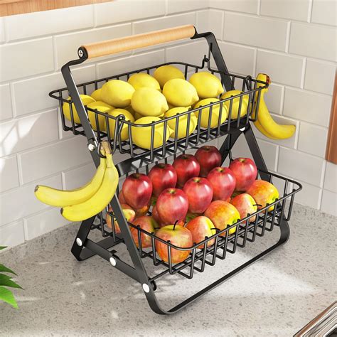 Fruit Basket Bowl For Kitchen Counter 2 Tier Large Metal