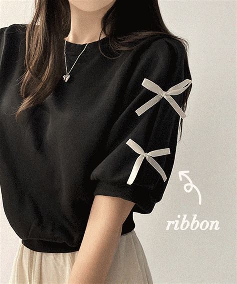 [잘록허리 1 1할인 ] 리본 포인트 퍼프 소매 반팔 맨투맨 4color 에이블리