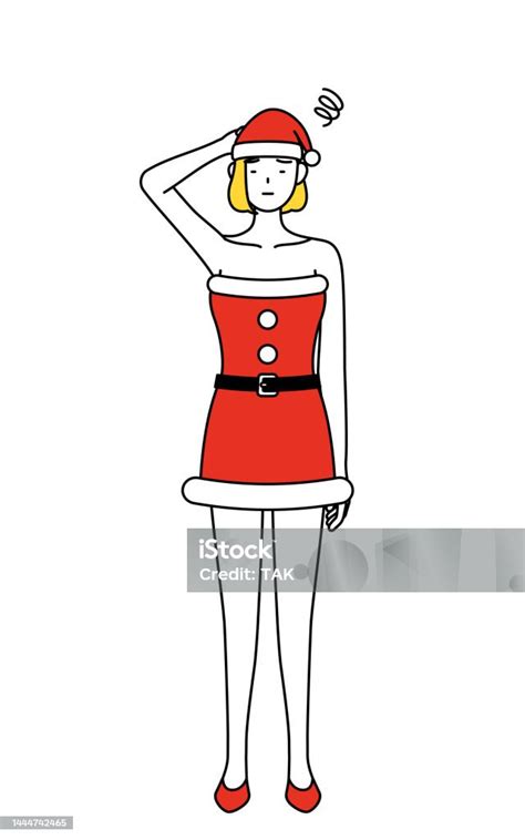 산타 클로스로 옷을 입은 여자가 괴로워 머리를 긁적 거리는 간단한 선 그리기 그림 12월에 대한 스톡 벡터 아트 및 기타 이미지 12월 걱정하는 광고모델 Istock