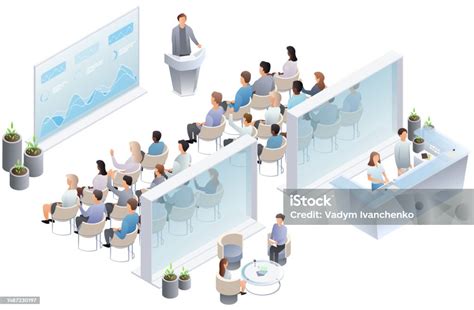 비즈니스 프리젠테이션 연설 비즈니스 프레젠테이션 회의 코워킹 워크숍 직장 브레인스토밍 및 토론이 분리된 팀워크 세트 지표 및 코칭 벡터 아이소메트릭 3d 3차원 형태에 대한