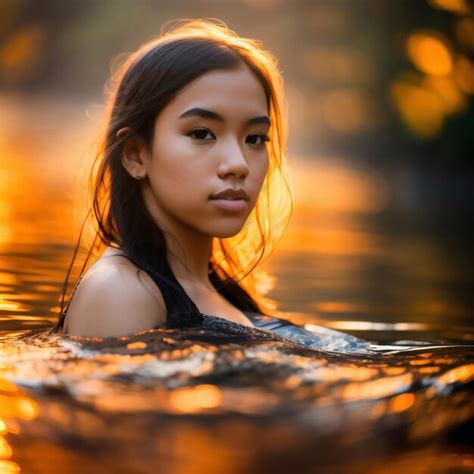 Premium Ai Image A Girl In The Water With The Sun Behind Her