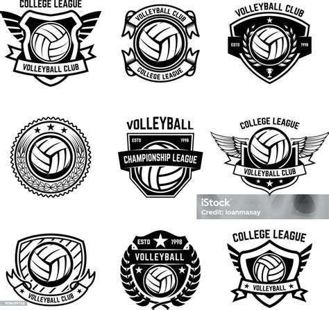 흰색 바탕에 배구 엠 블 럼입니다 배지 기호 엠 블 럼 라벨 디자인 요소입니다 벡터 일러스트 레이 션 고풍스런에 대한 스톡 벡터 아트 및 기타 이미지 Istock