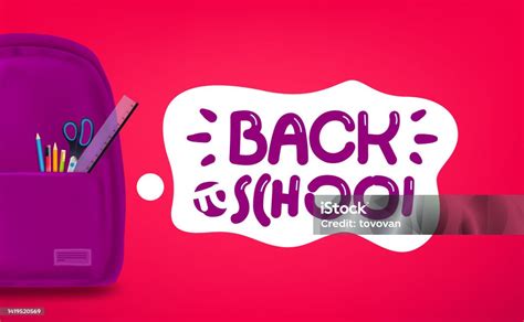 문구가있는 바이올렛 학교 가방과 학교 비문으로 돌아 가기 3d 벡터 배너 로고에 대한 스톡 벡터 아트 및 기타 이미지 로고 신학기 3차원 형태 Istock