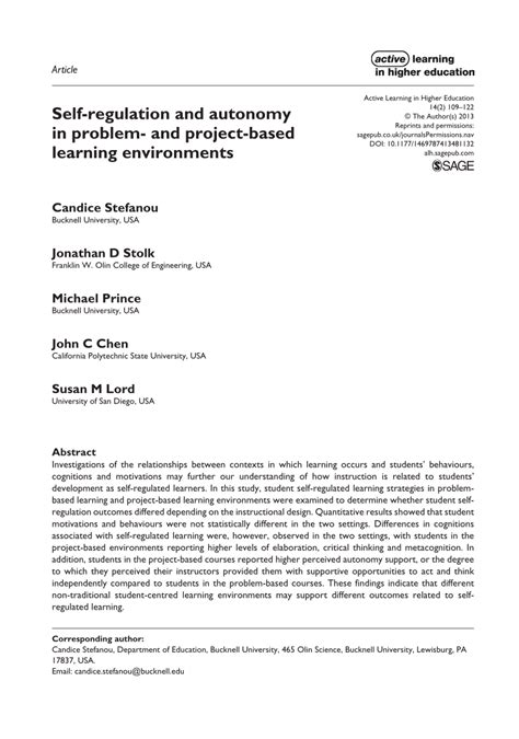 PDF Self Regulation And Autonomy In Problem And Project Based Learning Environments