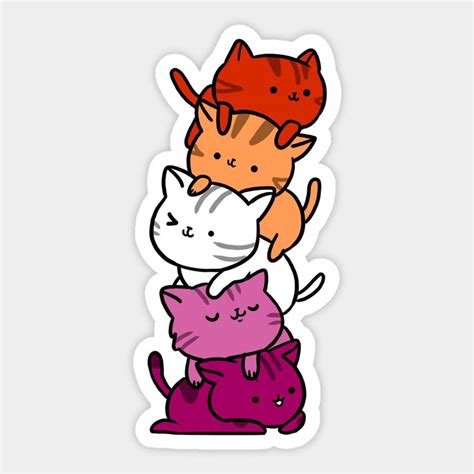 Kawaii Cat Pile Orange Pink Lesbian Pride Sticker Orange Pink Lesbian