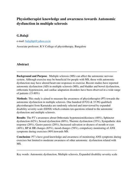 Pdf Physiotherapist Knowledge And Awareness Towards Autonomic