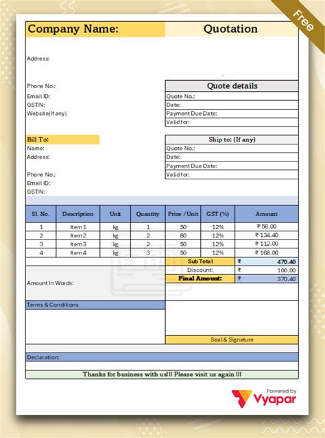 Quotation Template Excel