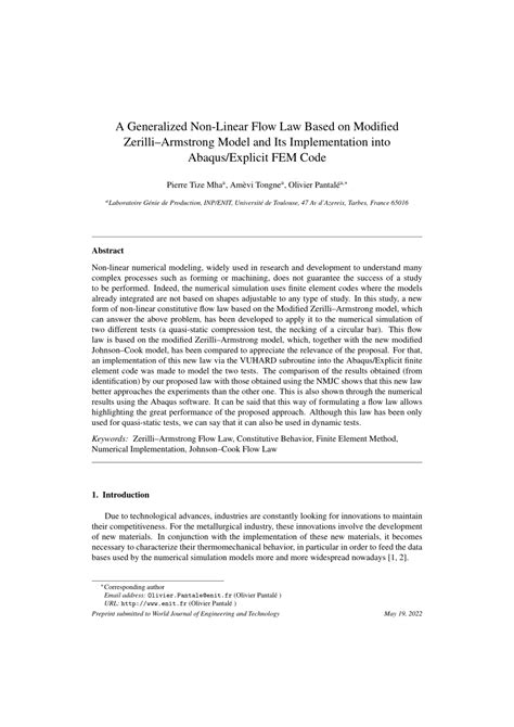 Pdf A Generalized Non Linear Flow Law Based On Modified Zerilli Armstrong Model And Its