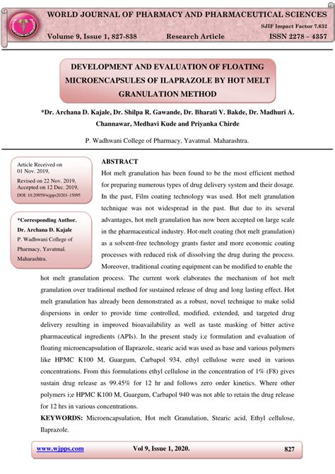 Pdf Development And Evaluation Of Floating Microencapsules Of Ilaprazole By Hot Melt