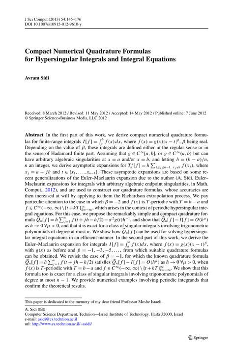 Pdf Compact Numerical Quadrature Formulas For Hypersingular Integrals
