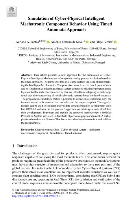 Pdf Simulation Of Cyber Physical Intelligent Mechatronic Component Behavior Using Timed