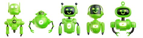 green happy robot different form in realistic cartoon style set funny