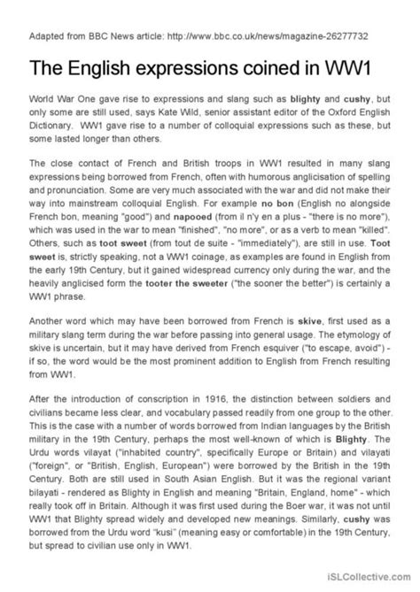 18 Wwi English Esl Worksheets Pdf And Doc