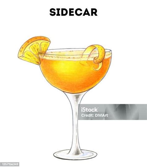 사이드카 칵테일 일러스트레이션 알코올 칵테일 손으로 그린 일러스트 색상 스케치 컬러 연필 드로잉 격리된 개체 드로잉에 대한 스톡