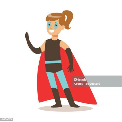 문자를 웃 고과 레드 케이프 슈퍼 히어로 의상에서 입고 슈퍼 능력을가지고 하는 척 하는 여자 귀여운에 대한 스톡 벡터 아트 및 기타 이미지 Istock