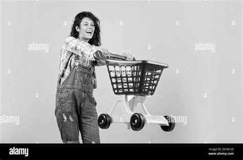 Happy Woman Carry Shopping Cart Shopper Girl Have Fun Marketing