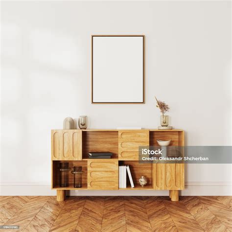 햇빛 나무 바닥 현대적인 거실 인테리어 3d와 흰색 벽에 장식이 있는 나무 찬장 위의 사진 프레임 모형 0명에 대한 스톡 사진 및 기타 이미지 Istock